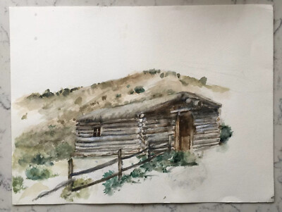 TOOBY BURTON YELLOWSTONE ARTIST WATERCOLOR PAINTING WESTERN LOG CABIN ...