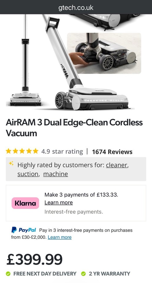 Gtech AirRAM 3 Dual Edge Upright Cordless Vacuum Cleaner 20V AR51 ...