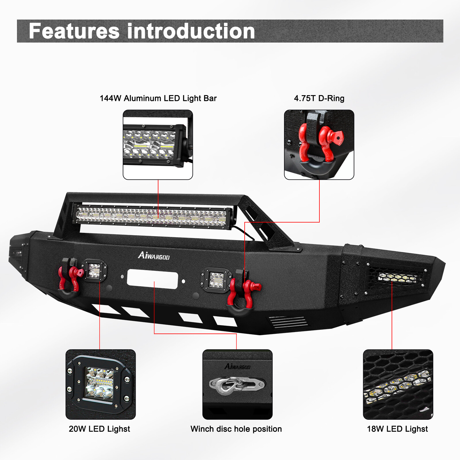 Front Rear Bumper w/Winch & LEDs & D-Rings For 2019-2022 Dodge RAM 1500 ...