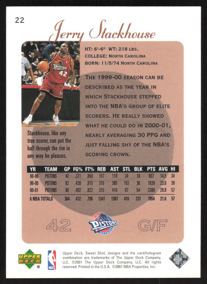 2001-02 Upper Deck Sweet Shot Jerry Stackhouse #22 Detroit Pistons | eBay