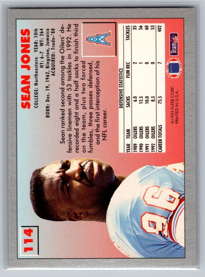 1993 Fleer Football #114 Sean Jones Houston Oilers | eBay