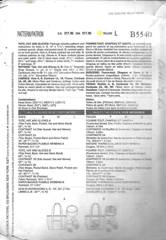 Butterick #B5540 One Size Tote Hat Gloves Accessory | eBay