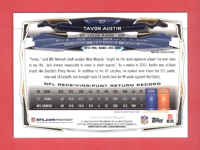 2014 TOPPS CHROME (FB) Tavon Austin SP SILVER REFRACTOR PARALLEL CARD ...