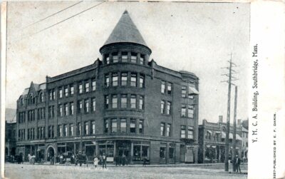MA Postcard YMCA Building Southbridge Mass Street View People Horse and ...