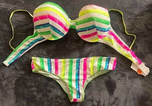 2 Piece Striped Diagonal Bikini Swimwear Top Underwire Push Up sz Large ...