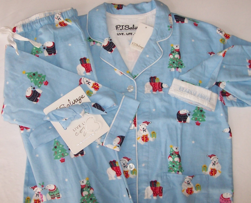 NWT PJ Salvage Ice Blue POLAR BEARS XMAS Flannel Pajama Set Women L ...