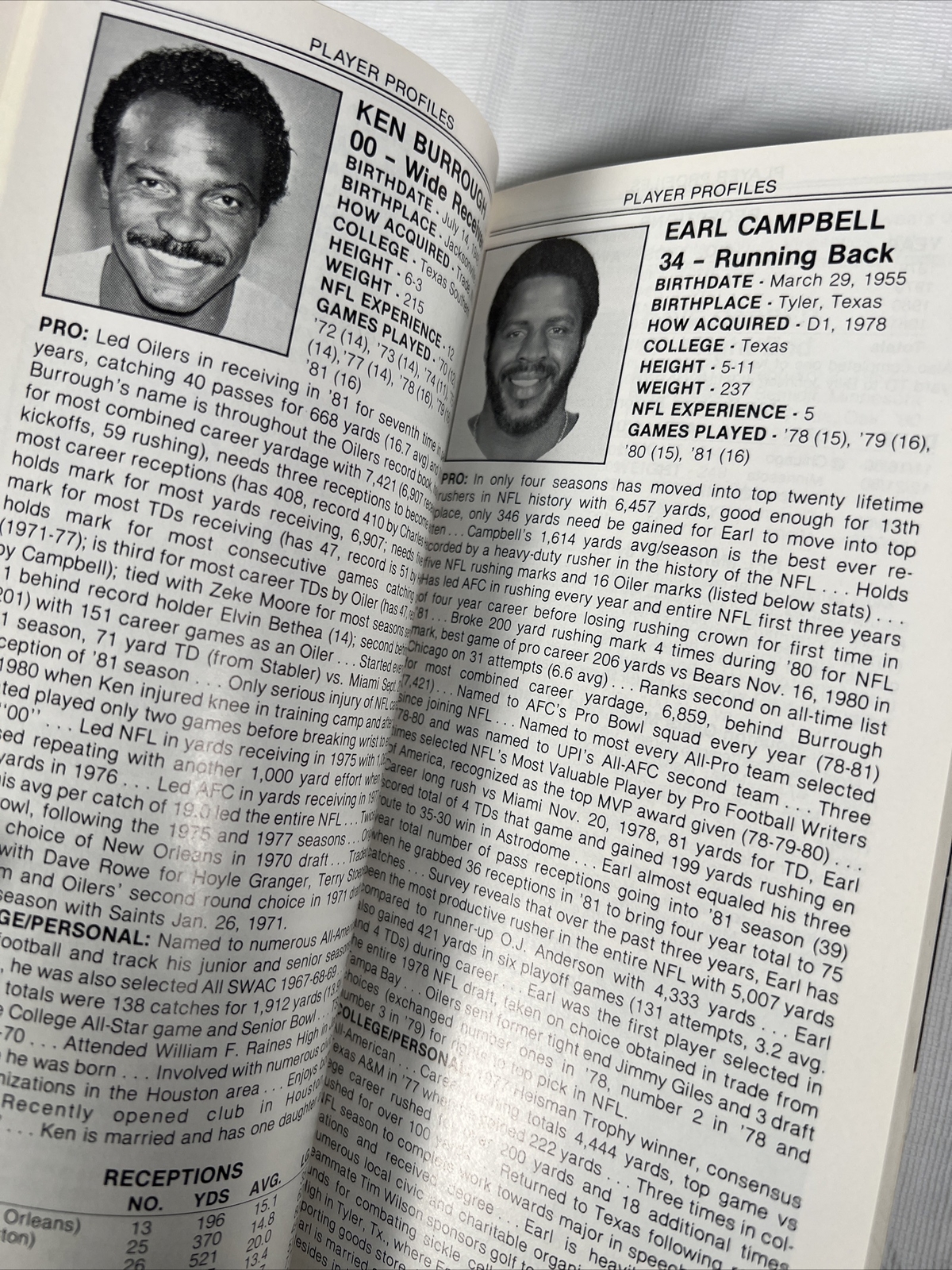 1982 HOUSTON OILERS NFL Media Guide Yearbook KEN STABLER Earl CAMPBELL ...