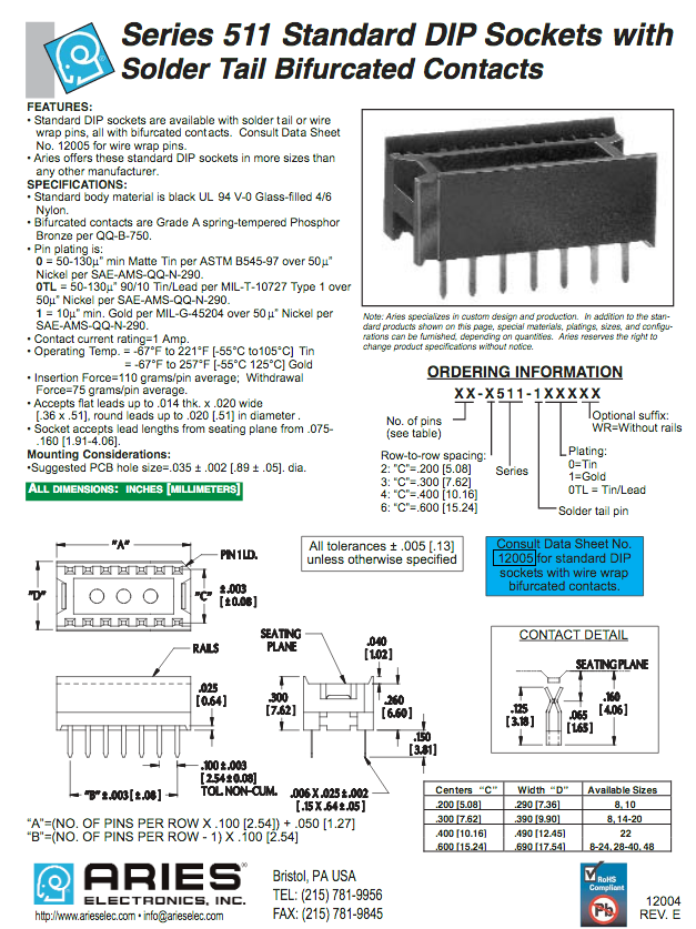14 Pin IC Socket DIP TH PCB Solder Tail Bifurcated 0.3" 7.62mm Spacing ...
