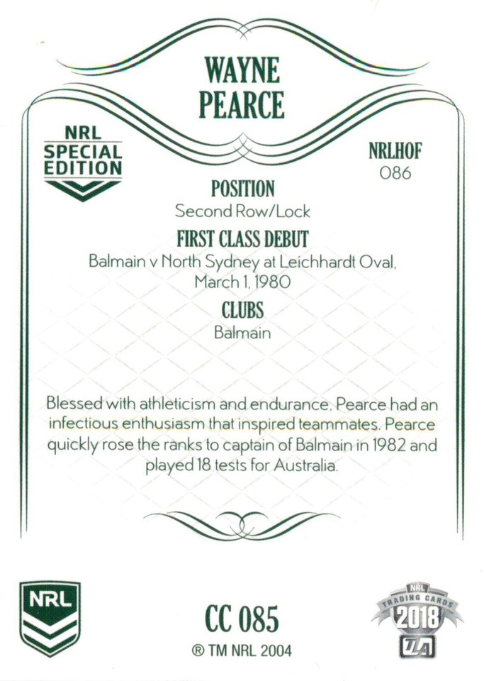 New 2018 BALMAIN TIGERS NRL Card WAYNE PEARCE Glory Charter Class Wests ...