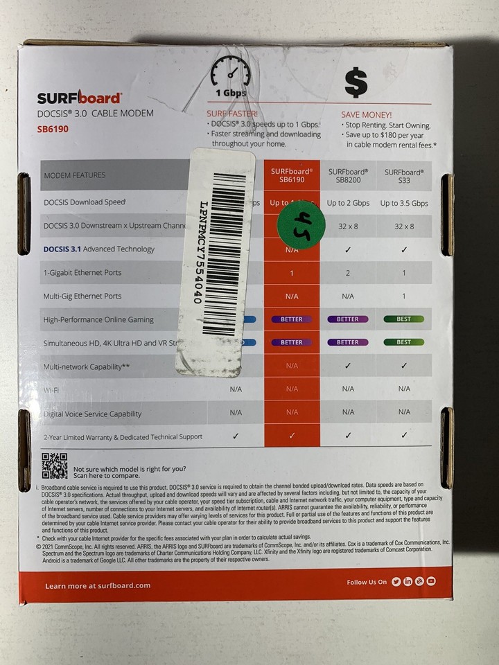 ARRIS SURFboard DOCSIS 3.0 Cable Modem - SB6190 612572214077| eBay