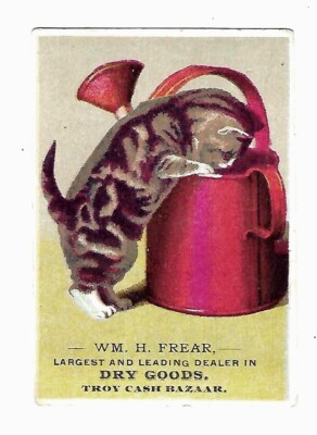 c1890's Trade Card WM H. Frear, Troy Cash Bazaar, Cat Drinking From ...