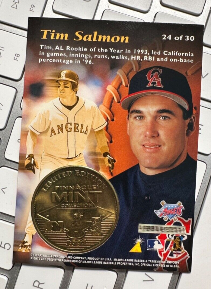 1997 Pinnacle Mint Tim Salmon #24 + Brass Coin Baseball Trading Card ...