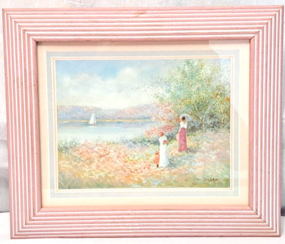 Vintage Original Nora DeBolt Art Print Three Young Ladies By The Lake ...