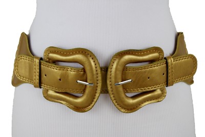 Women Gold Wide Elastic Band Fabric Western Flashy Belt Big Double ...