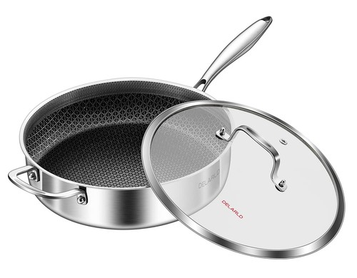 Tri-Ply Stainless Steel 12 Inch Deep Frying Pan with lid 6QT Saute Pan ...