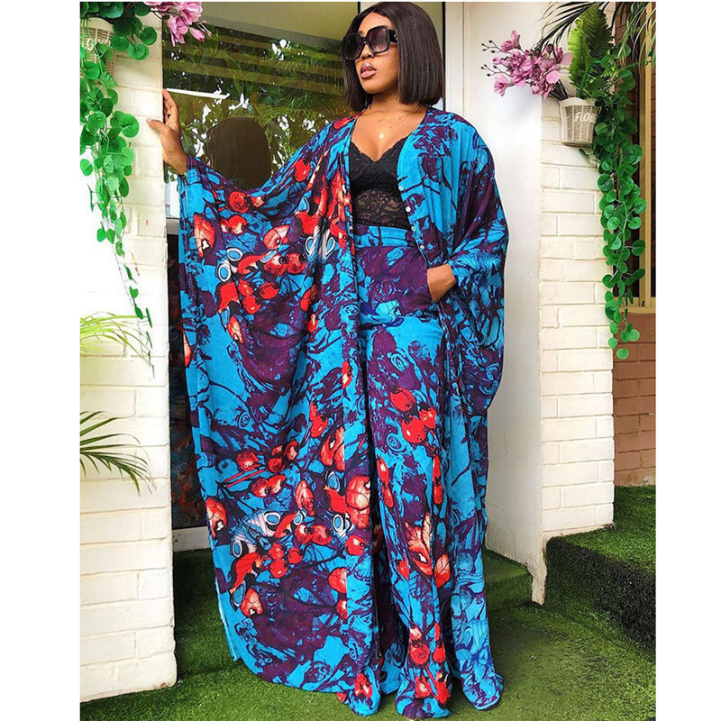 African Women Open Kaftan Long Pants 2 Piece Set Oversize Cardigan ...