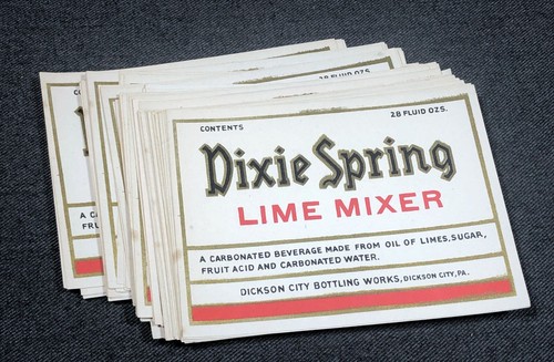 Dixie Spring Lime Mixer Soda Bottle Label Unsued Dickson City PA ...