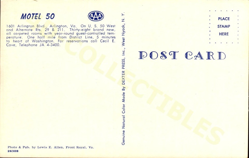 Vintage Postcard Arlington Boulevard Motel 50 with AAA Approval | eBay