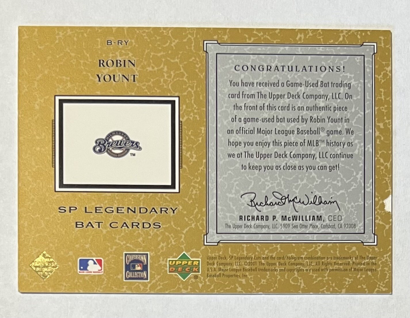 Robin Yount 2001 Upper Deck SP Legendary Cuts Relic Game Used Bat Card ...