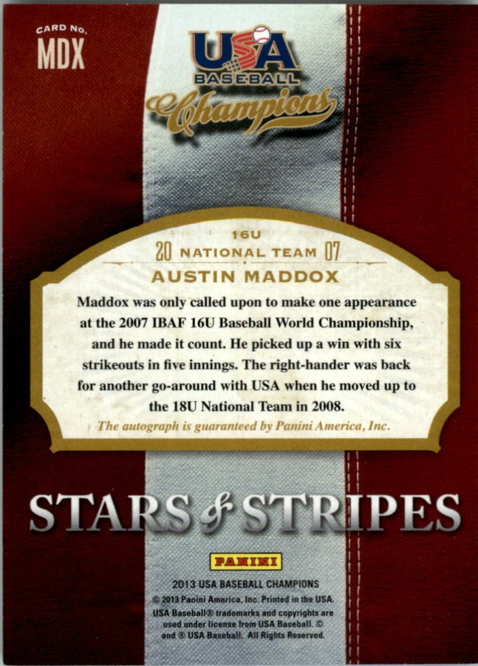 2013 USA Baseball Champions Stars and Stripes Signatures Austin Maddox ...