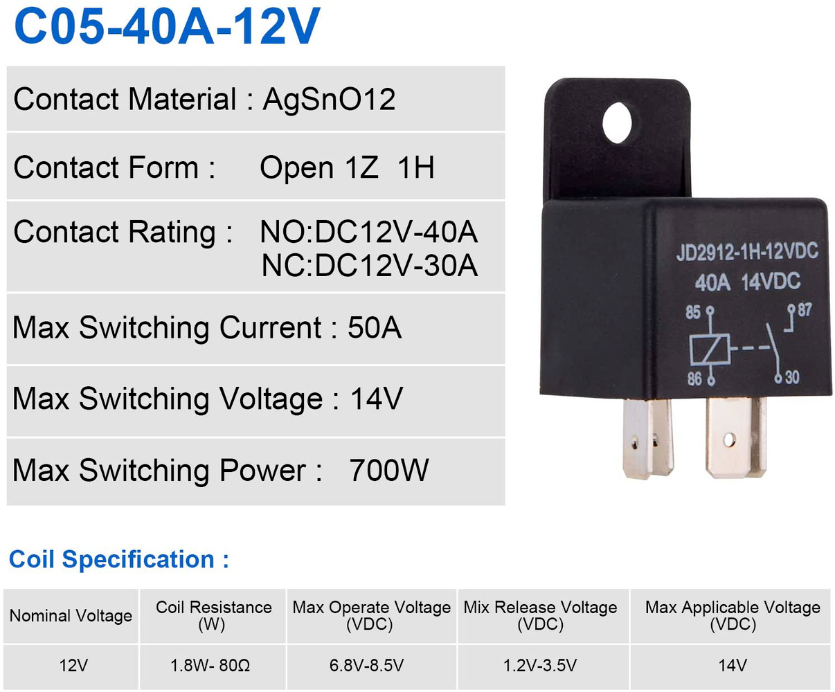 2PCS Car Relay 4 Pin 12v 40amp Spst Model No. JD2912-1H-12VDC | eBay