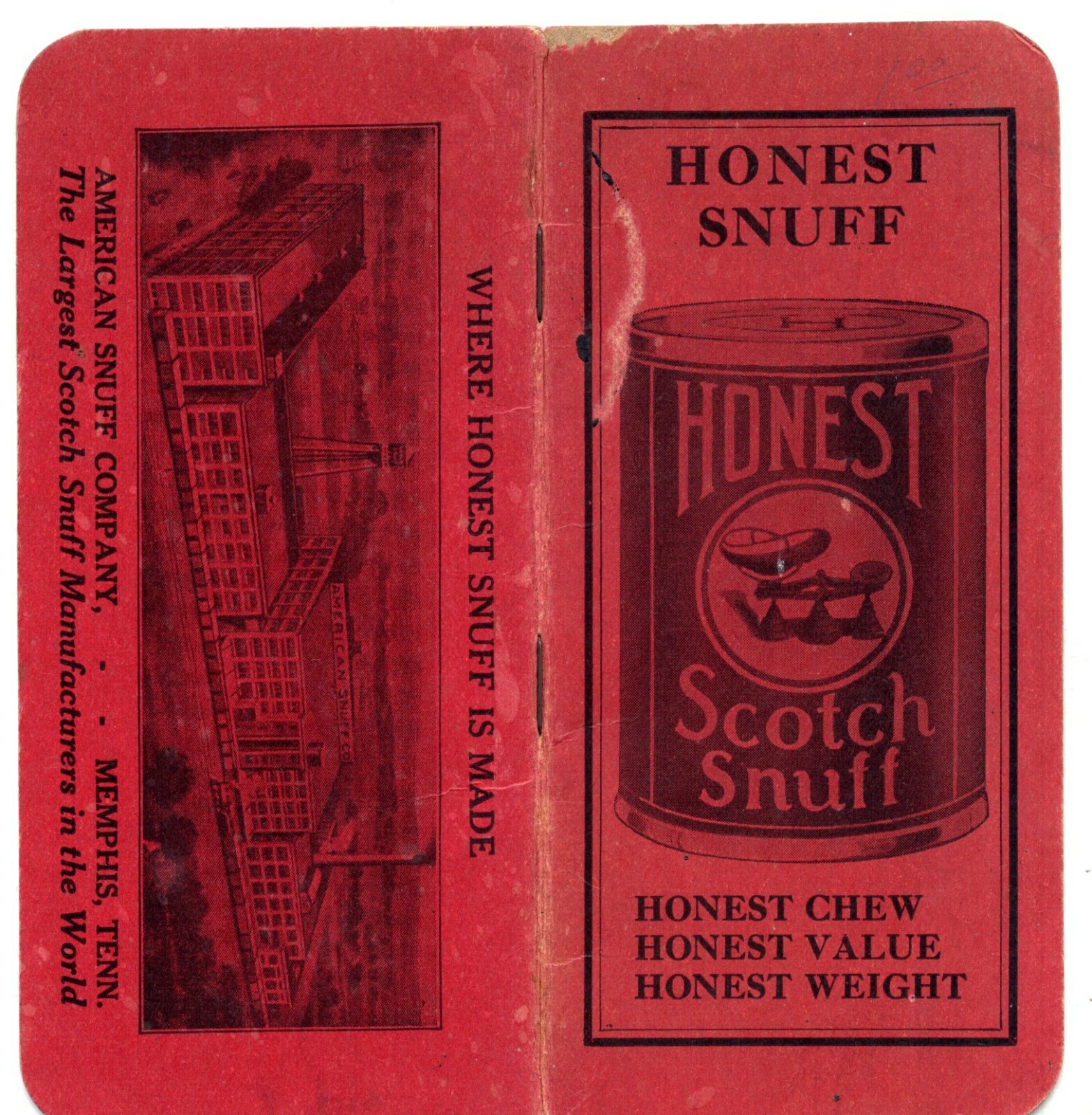 1938-39 AMERICAN HONEST SCOTCH SNUFF Memphis TN Vint Advertising Pocket ...
