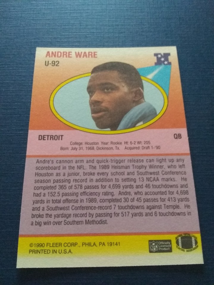 1990 Fleer Update Football Andre Ware Rookie Card #U-92 Factory Set ...
