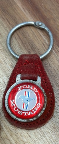 VINTAGE Ford Mustang Keychain Red Leather 70s Metal Ring Pony Logo ...