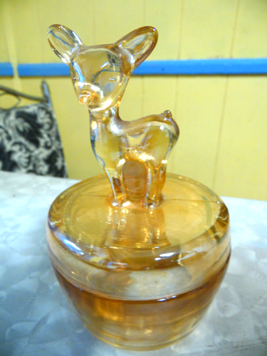 Vintage Jeanette Amber Carnival Glass Deer Fawn Trinket Candy Dish w ...