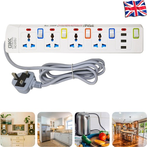 UK Extension Cable Electric Mains Power 4 Gang Way Plug Socket With ...