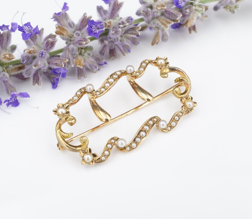 Antique 14k Yellow Gold Seed Pearl Floral Wave Scarf Pin Brooch 1.5 ...