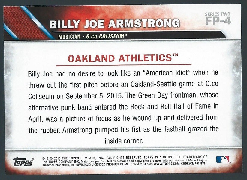 2016 Topps Billy Joe Armstrong First Pitch #4 Baseball Card Musician ...