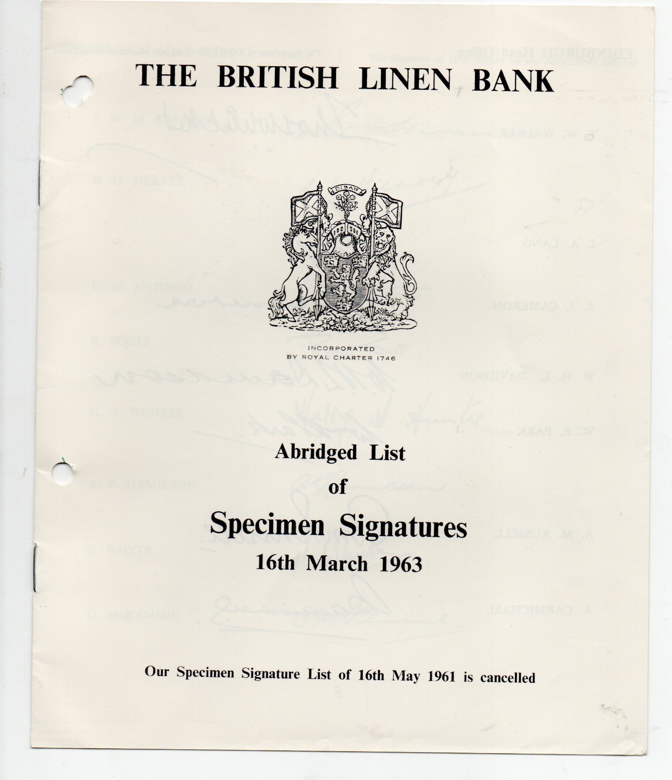 1963 British Linen Bank Abridged List of Specimen Signatures | eBay