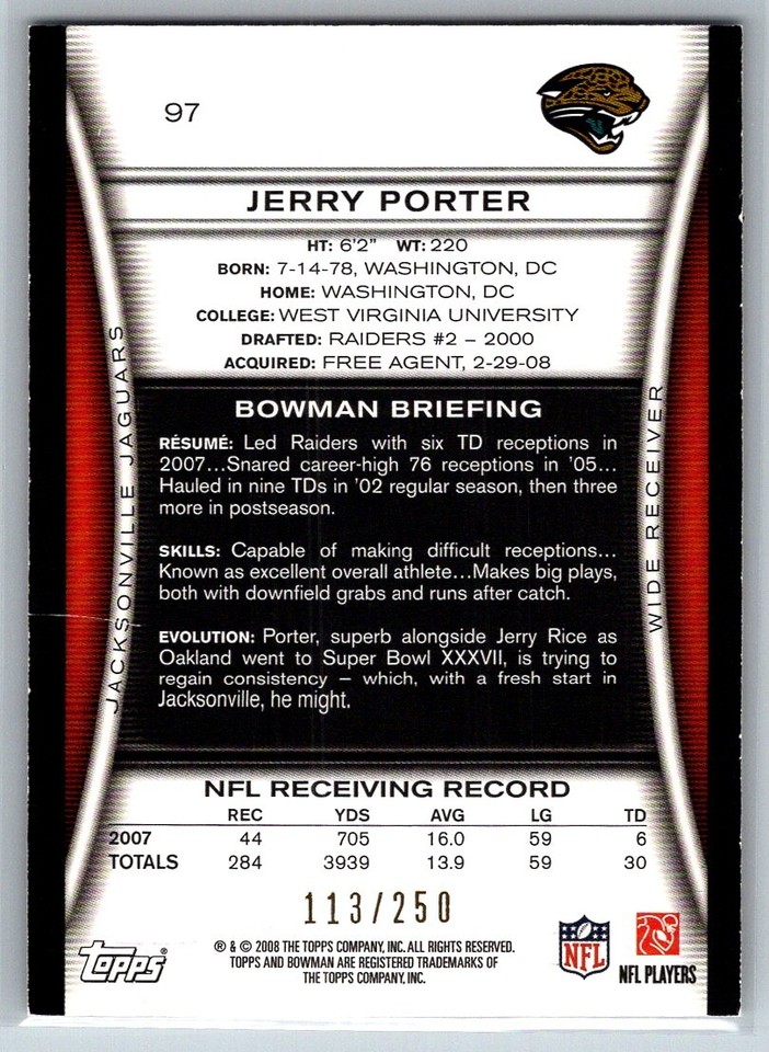 Jerry Porter 2008 Bowman Orange Parallel 113/250 #97 Jacksonville ...