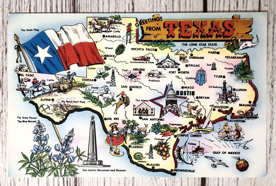 Greetings from Texas Tourist Pictorial Map Tourism Travel Souvenir ...