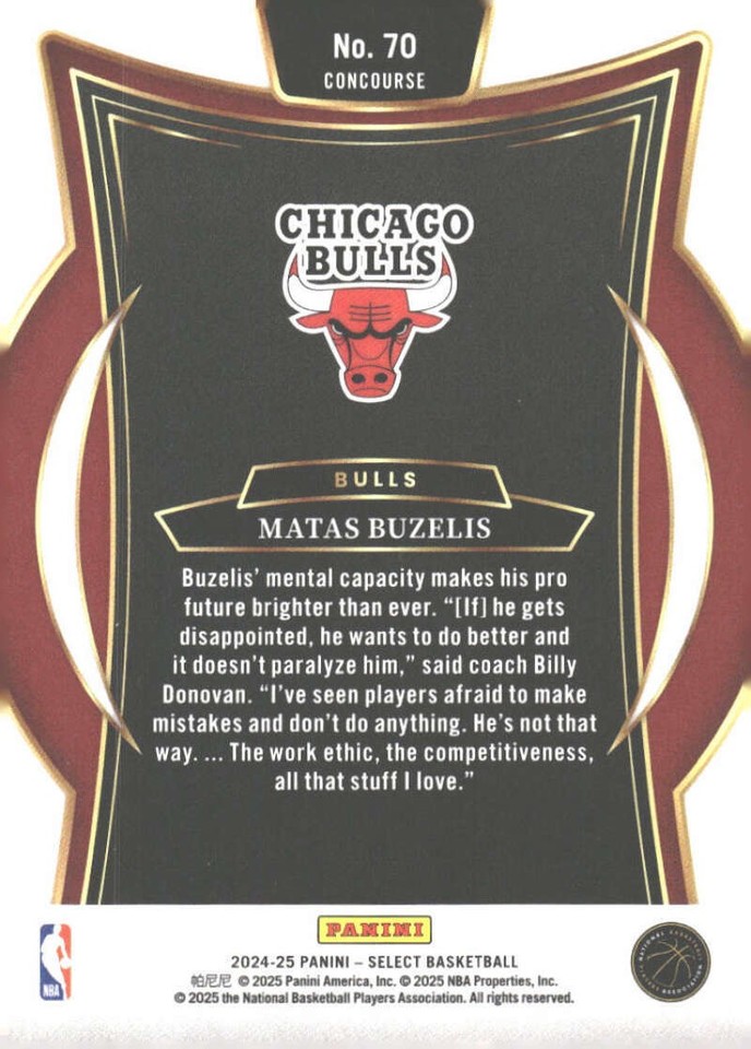 MATAS BUZELIS RC 2024-25 Panini Select Base #70 ROOKIE Bulls Concourse ...