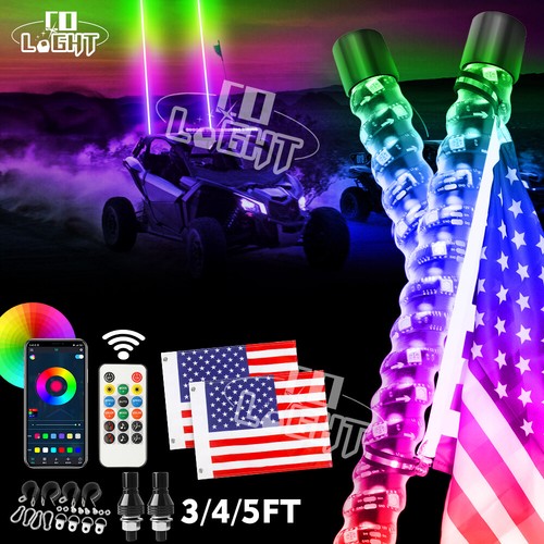 1 Pair 2~5FT RGB Spiral LED Whip Lights Antenna Chase + Flag For ATV ...