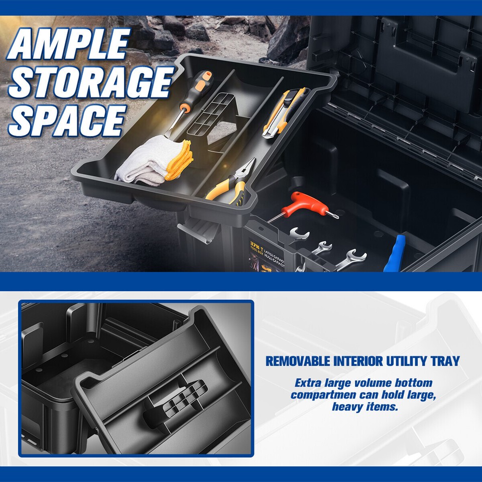 Large Capacity Tool Box Lockable Storage Garage Organizer w/ Removable ...