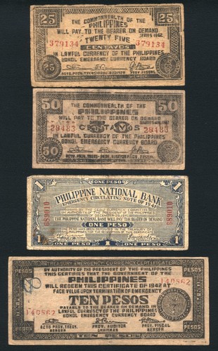 PHILIPPINES EMERGENCY CURRENCY/BANKNOTES 1941-42, 1 & 10 PESOS, 25 & 50 ...