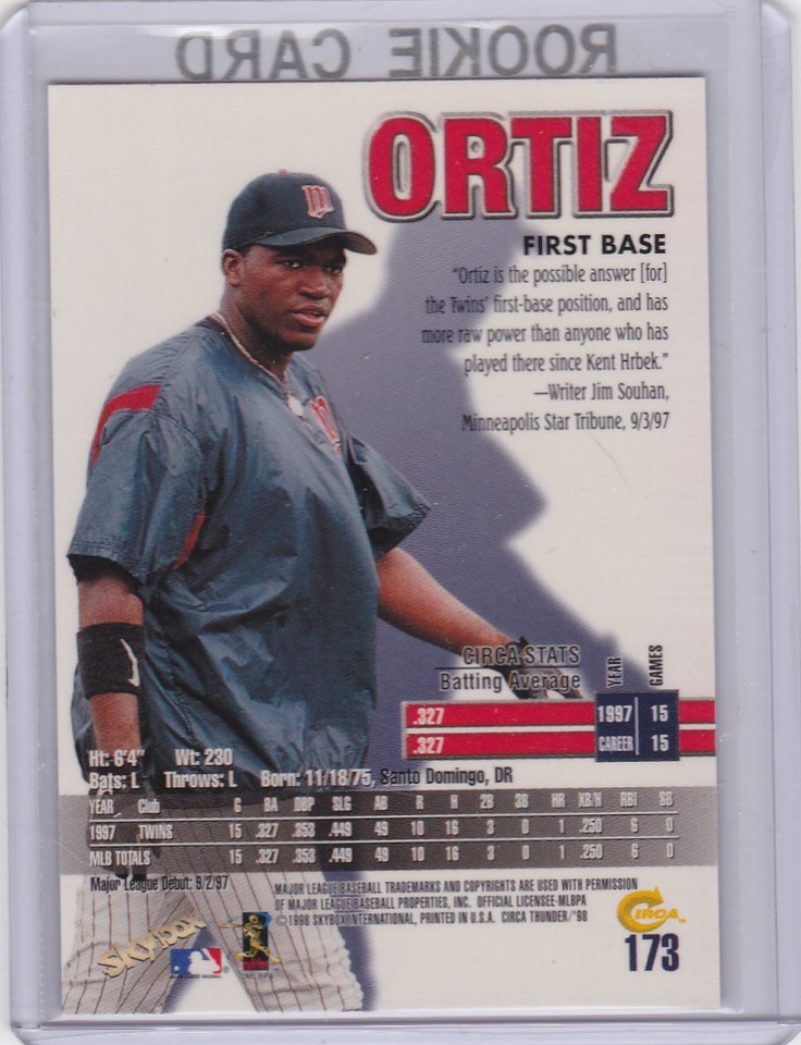 DAVID ORTIZ ROOKIE CARD Boston Red Sox RC Baseball Skybox Thunder Twins BIG PAPI | eBay