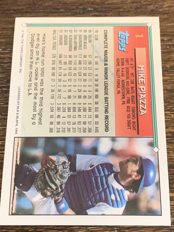 1994 TOPPS MIKE PIAZZA #1 DODGERS MINT TOPPS ROOKIE ALL-STAR GOLD CUP ...
