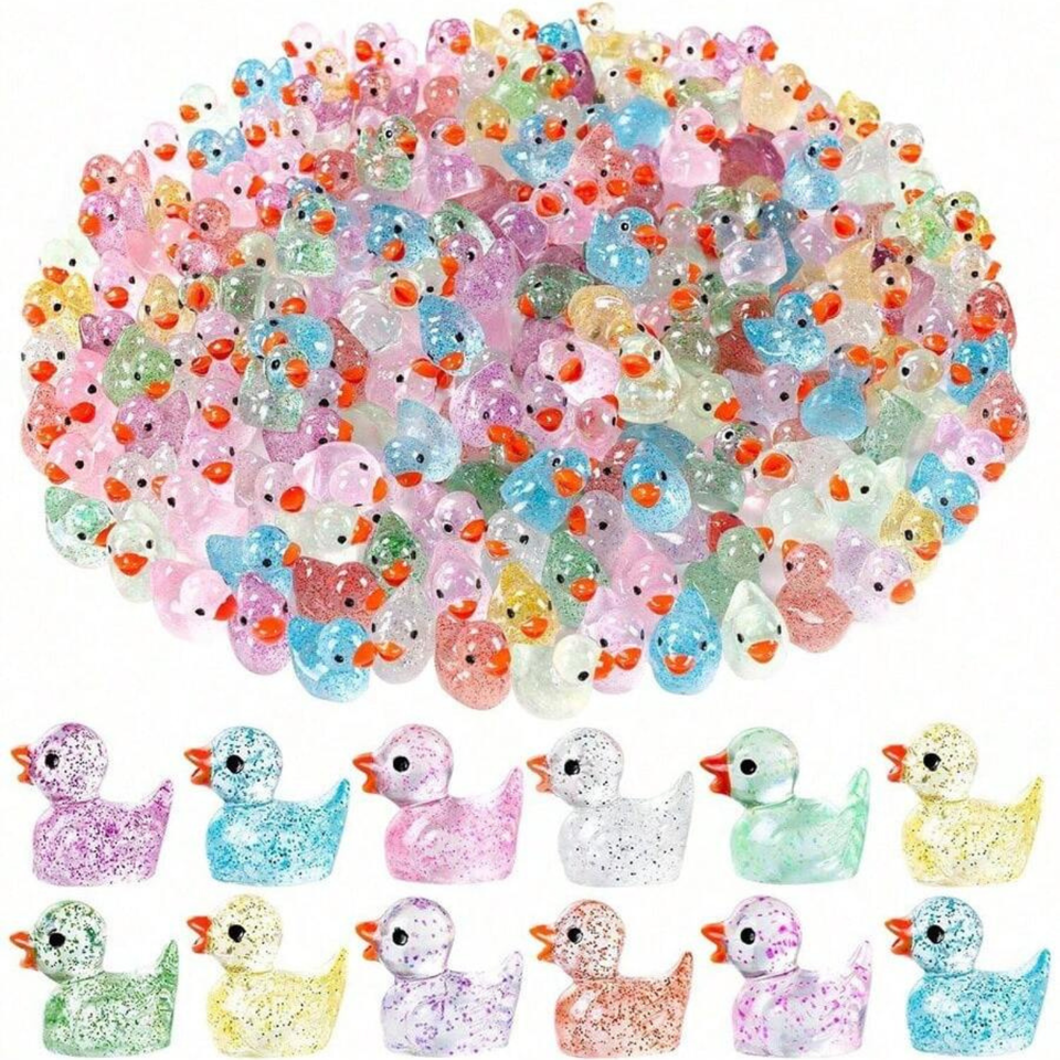 100PCS MINI DUCKS, 10 COLORS GLITTER RESIN TINY DUCKS LITTLE PLASTIC ...