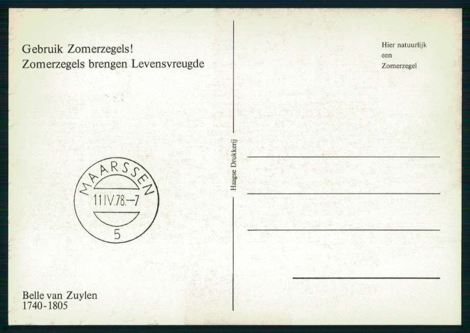 NETHERLANDS MK 1978 BELLE VAN ZUYLEN FAMOUS WOMAN CARTE MAXIMUM CARD MC ...