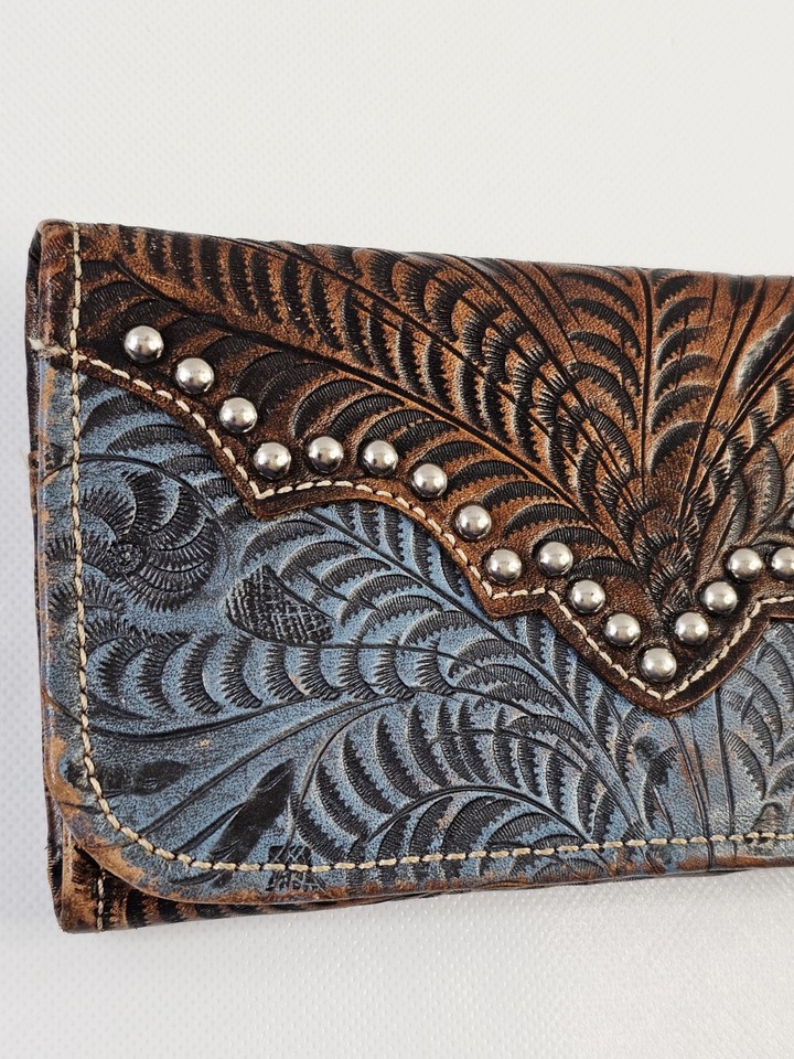 American West Tooled Genuine Leather Checkbook Wallet Western Floral ...
