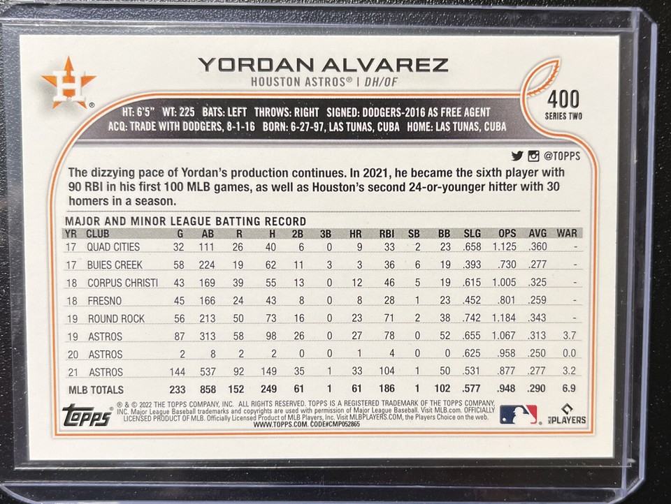 2022 Topps Series 2 Yordan Alvarez #400 SP Variation Short Print Astros ...