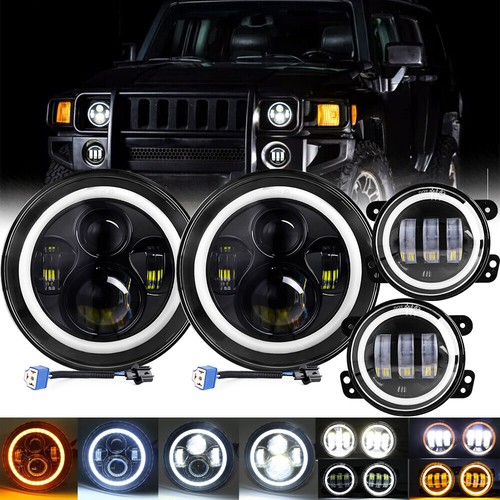 Fit Hummer H3 H3T 06-10 7" INCH Halo LED Headlight DRL & 4" Fog Lights ...