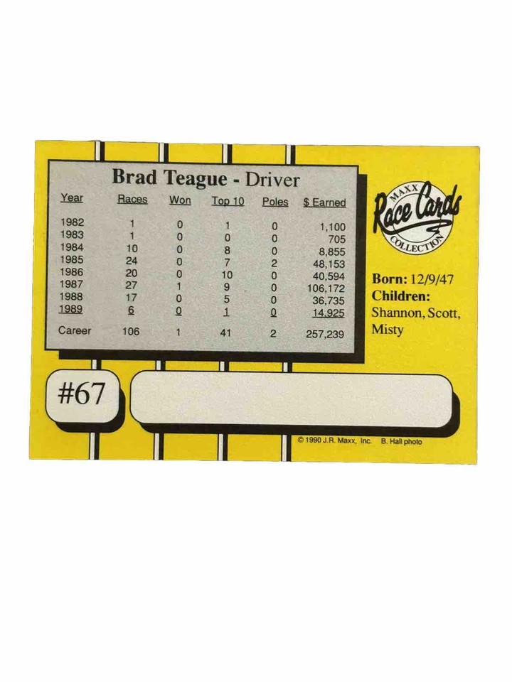 Brand New: Vintage 1990 Maxx Brad Teague NASCAR Driver Trading Card | eBay