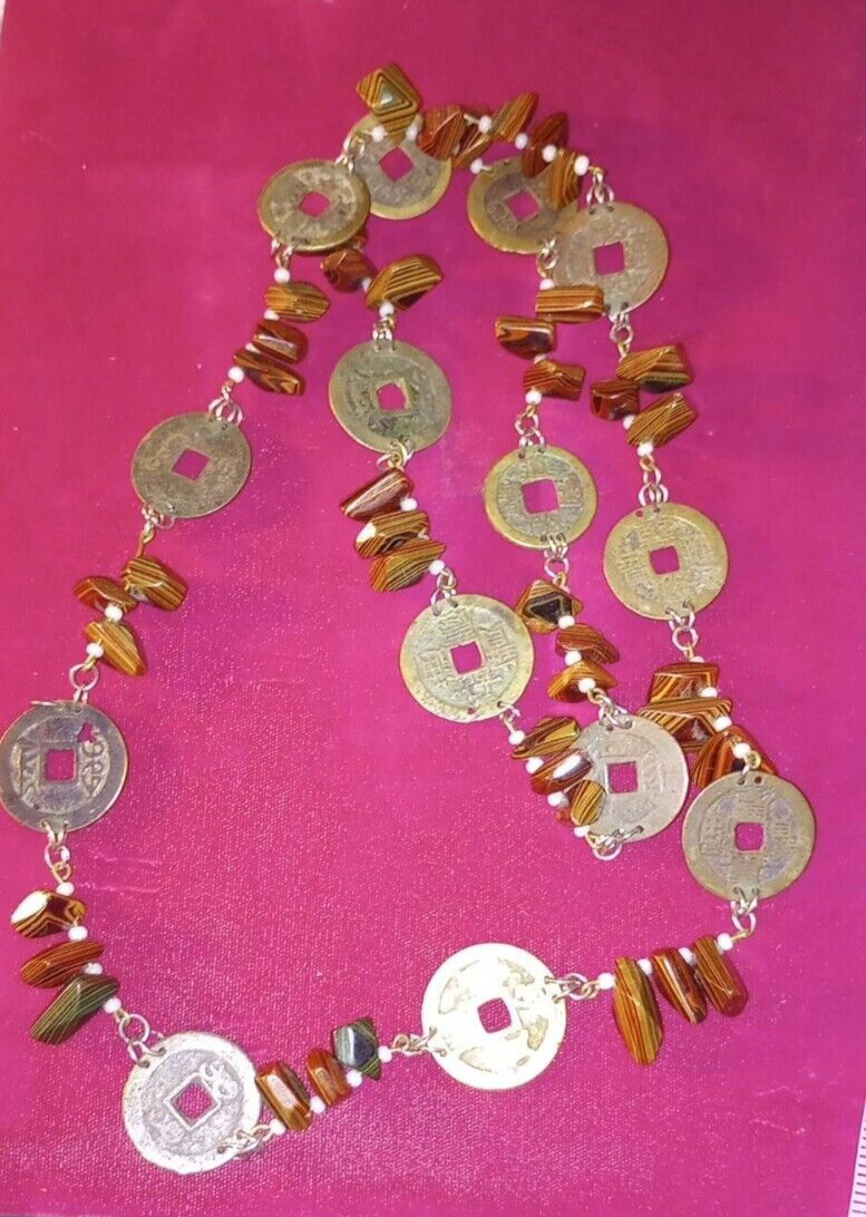 Asian-Inspired Zen Coins Banded Wood Chain Necklace 3… - Gem