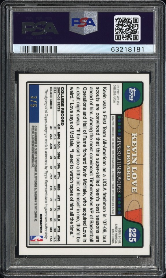 2008-09 TOPPS CHROME GOLD REFRACTOR AUTO #225 KEVIN LOVE ROOKIE RC /5 ...