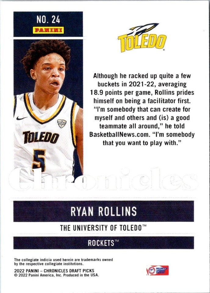 2022 Panini Chronicles Draft Picks Ryan Rollins #24 Toledo Rockets | eBay